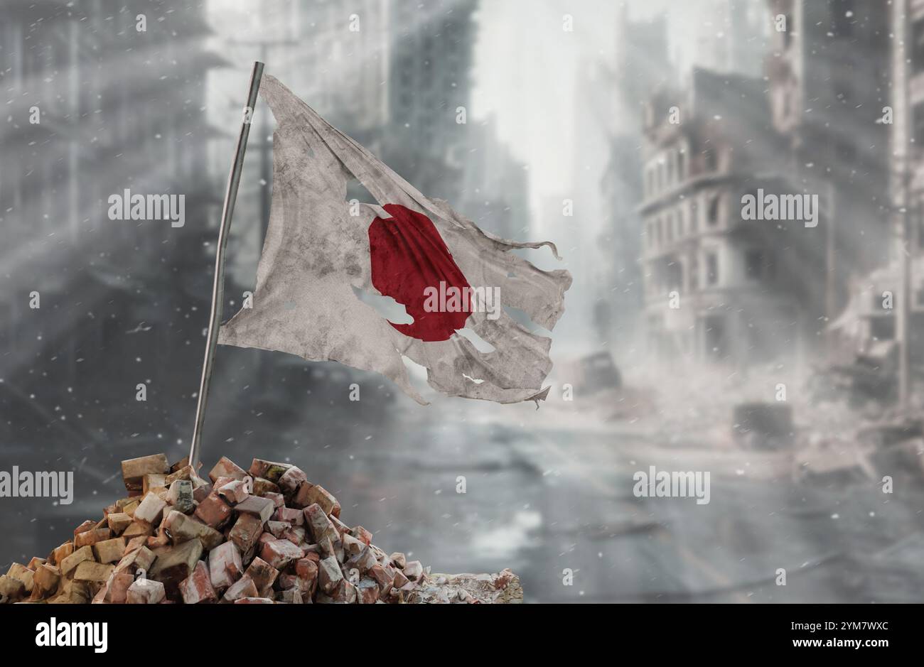 Dirty and torn Japan flag, symbol of resistance and victory. A scene of ...