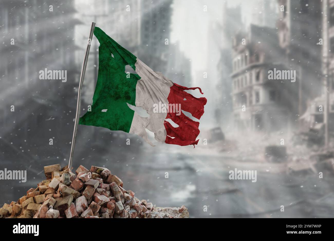 Dirty and torn Italian flag, symbol of resistance and victory. A scene ...