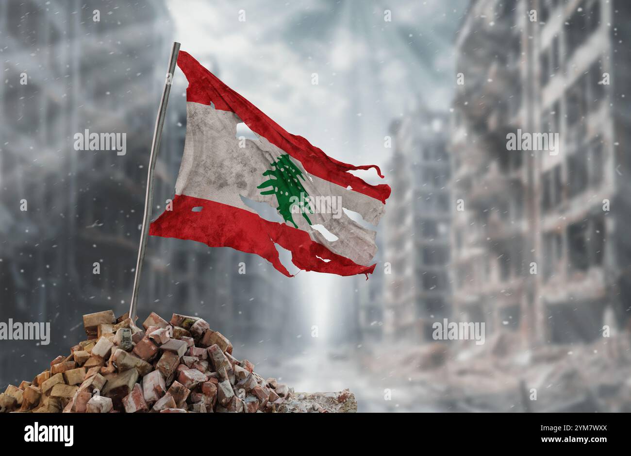 Dirty and torn Lebanon flag, symbol of resistance and victory. A scene ...
