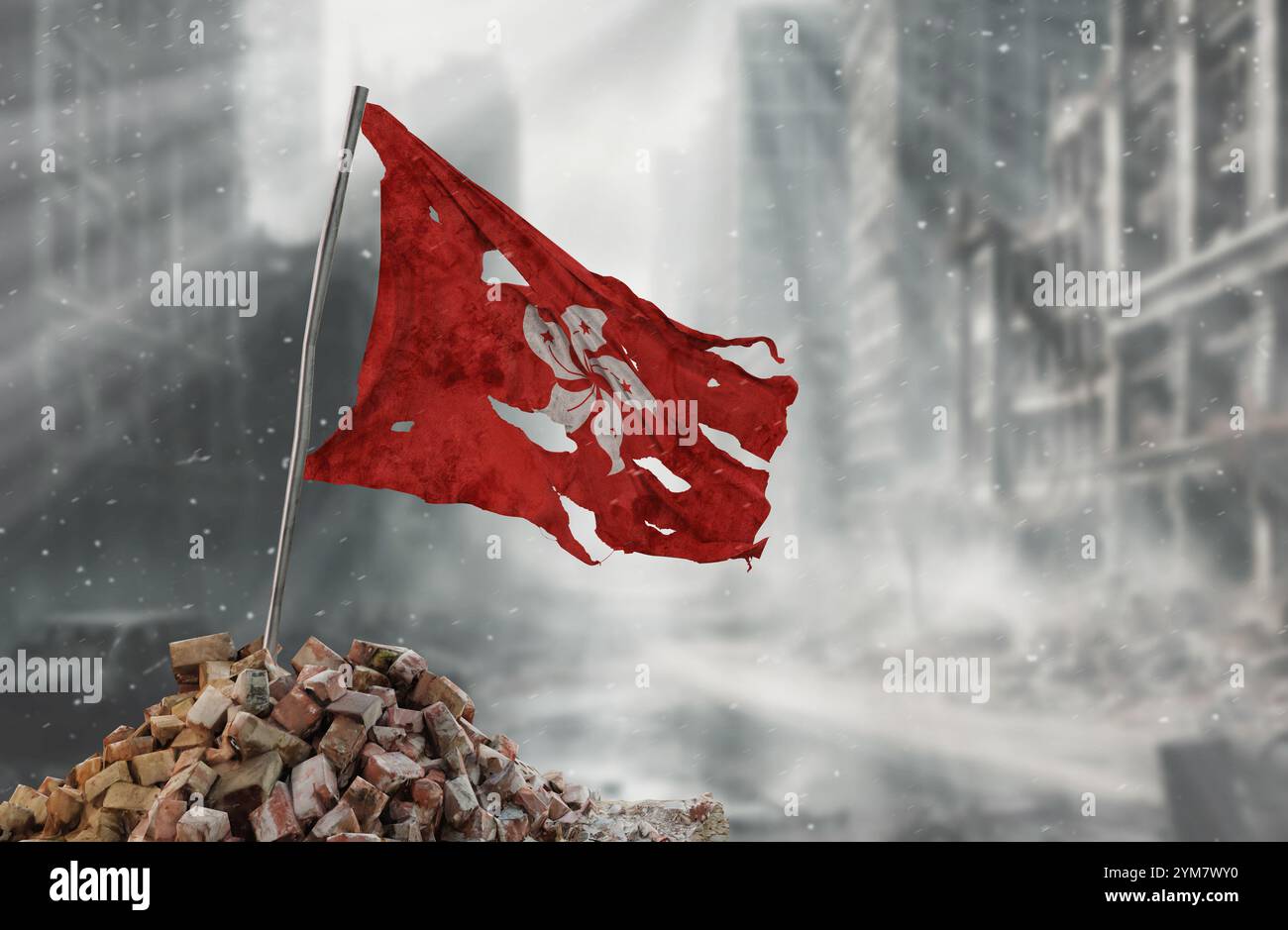Dirty and torn Hong Kong flag, symbol of resistance and victory. A ...