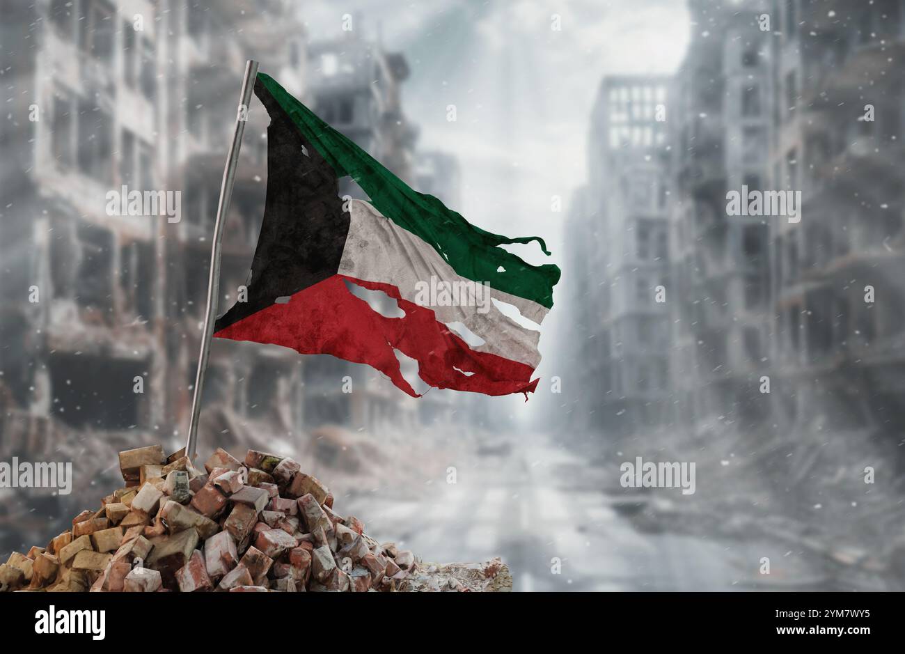 Dirty and torn Kuwait flag, symbol of resistance and victory. A scene ...