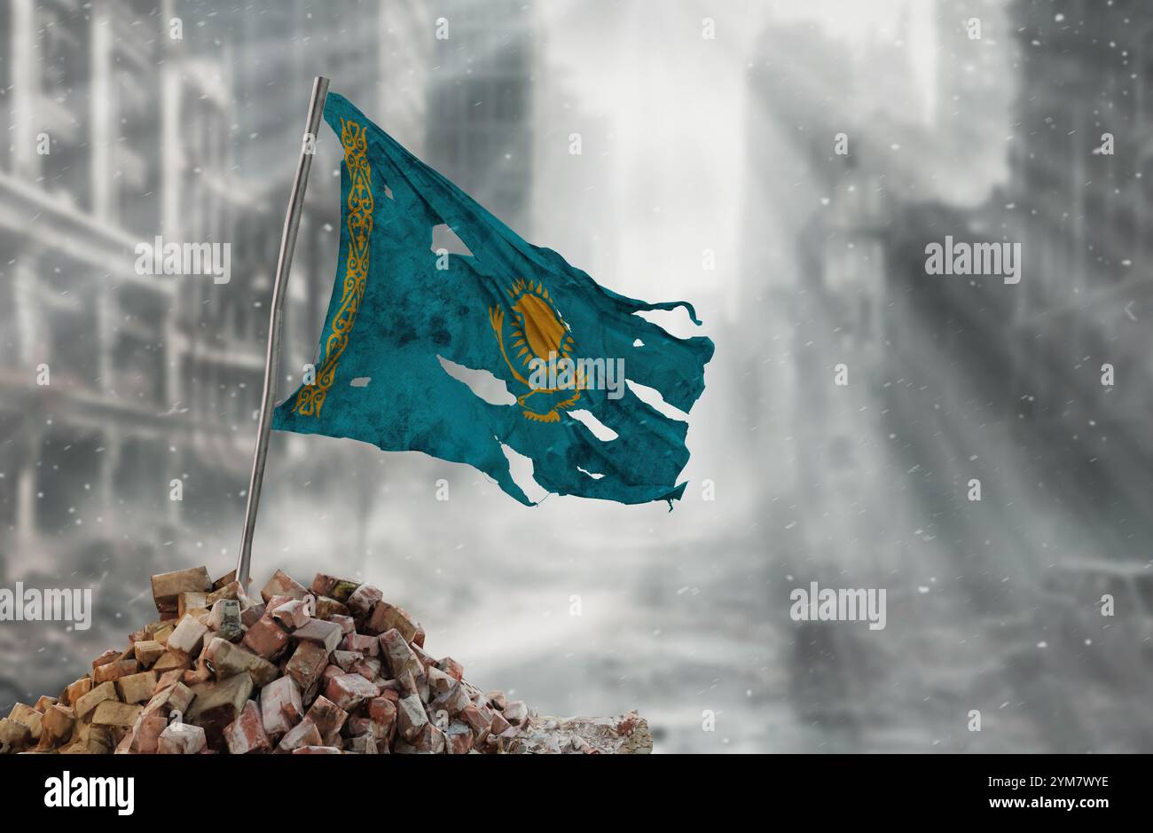 Dirty and torn Kazakhstan flag, symbol of resistance and victory. A ...