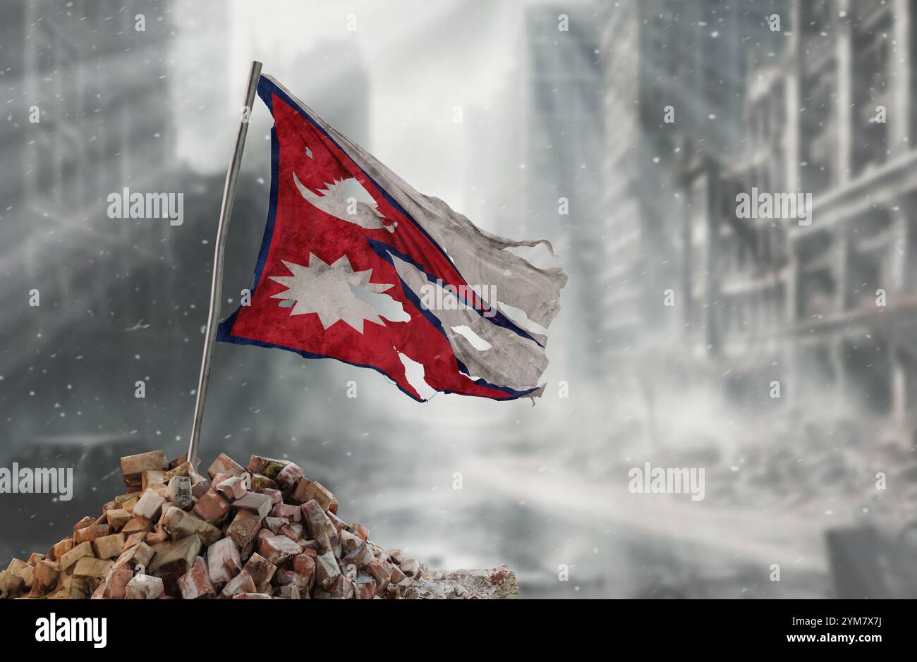 Dirty and torn Nepal flag, symbol of resistance and victory. A scene of ...