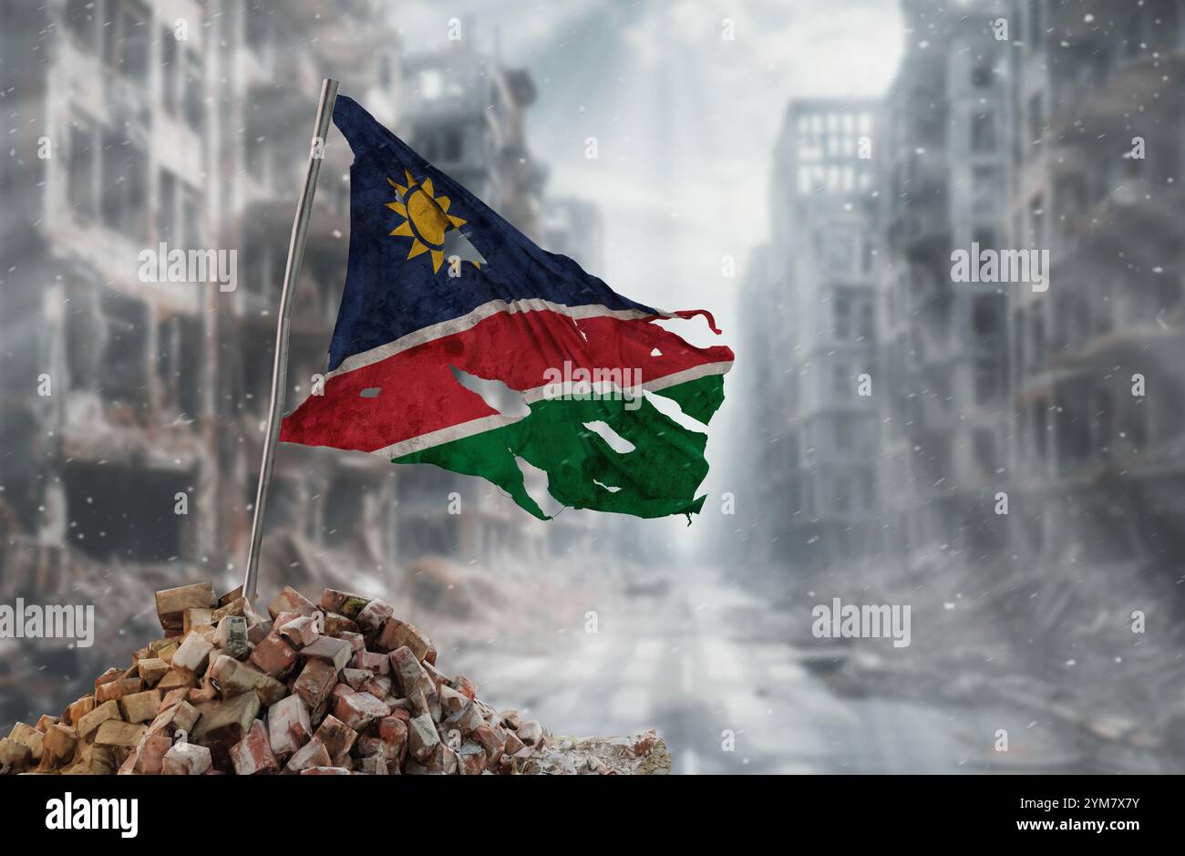 Dirty and torn Namibia flag, symbol of resistance and victory. A scene ...