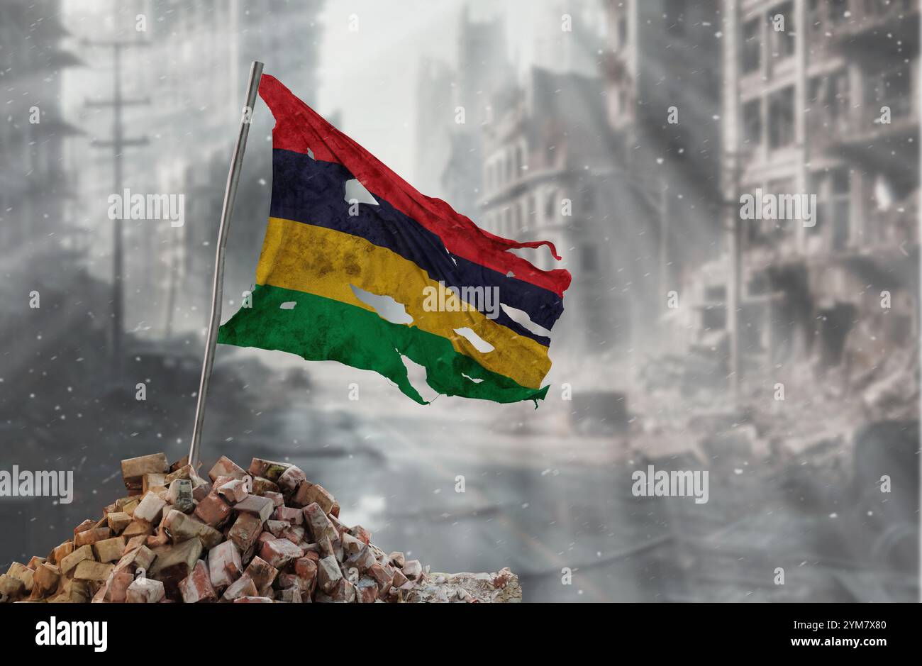 Dirty and torn Mauritius flag, symbol of resistance and victory. A ...