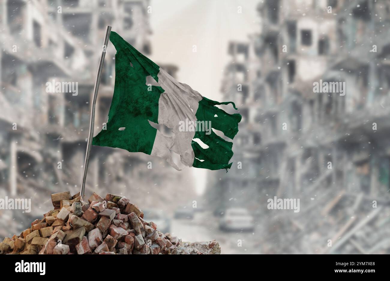 Dirty and torn Nigeria flag, symbol of resistance and victory. A scene ...