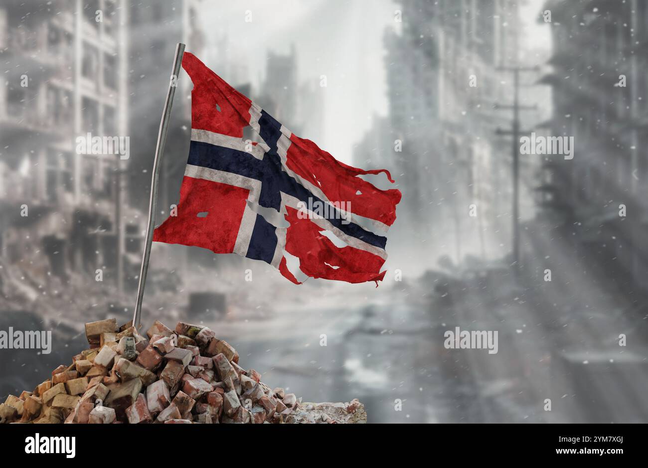 Dirty and torn Norway flag, symbol of resistance and victory. A scene ...