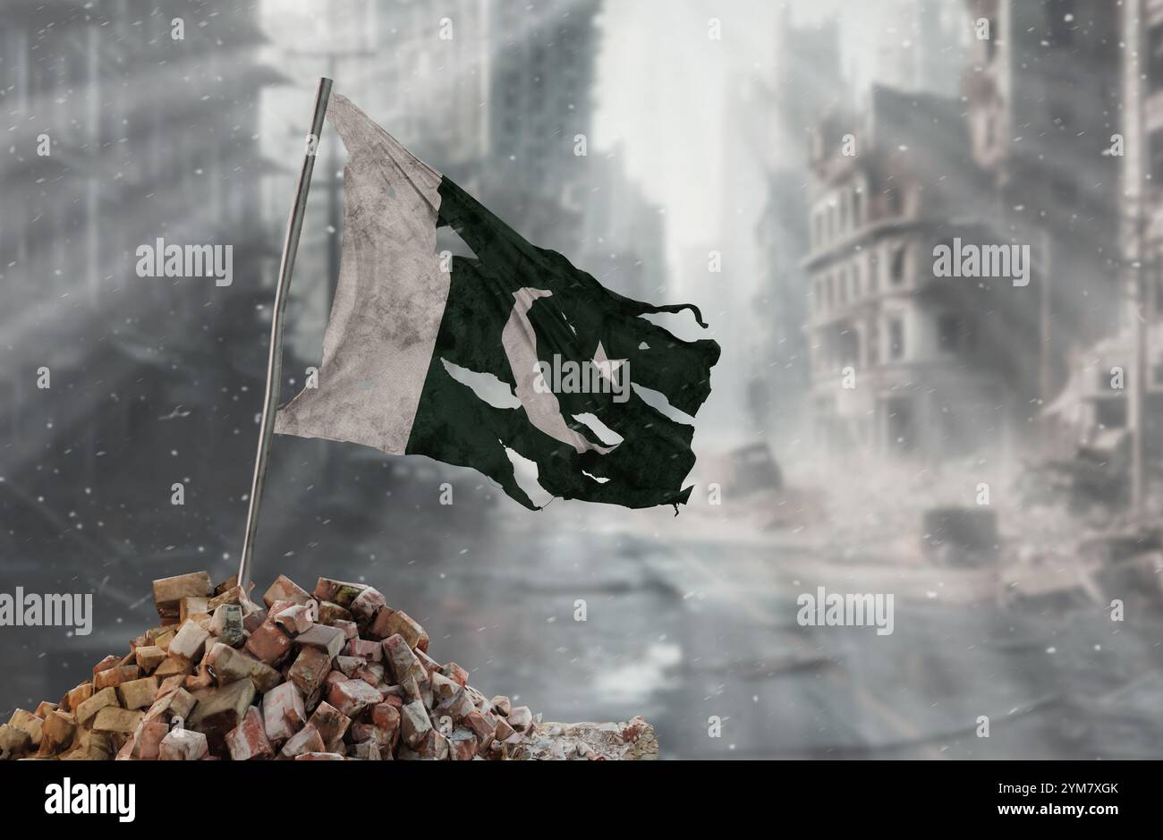 Dirty and torn Pakistan flag, symbol of resistance and victory. A scene ...