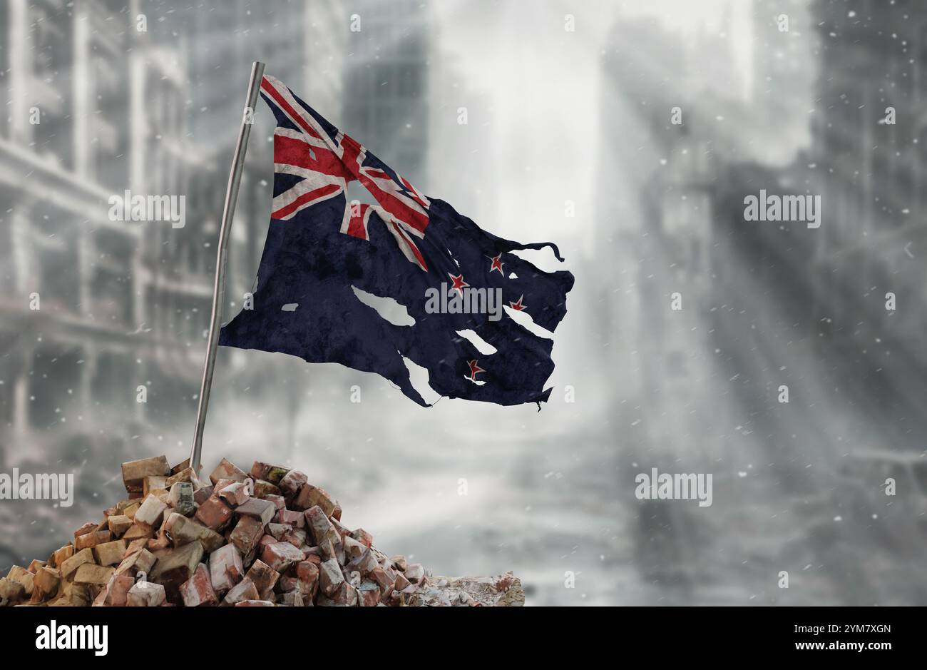Dirty and torn New Zealand flag, symbol of resistance and victory. A ...