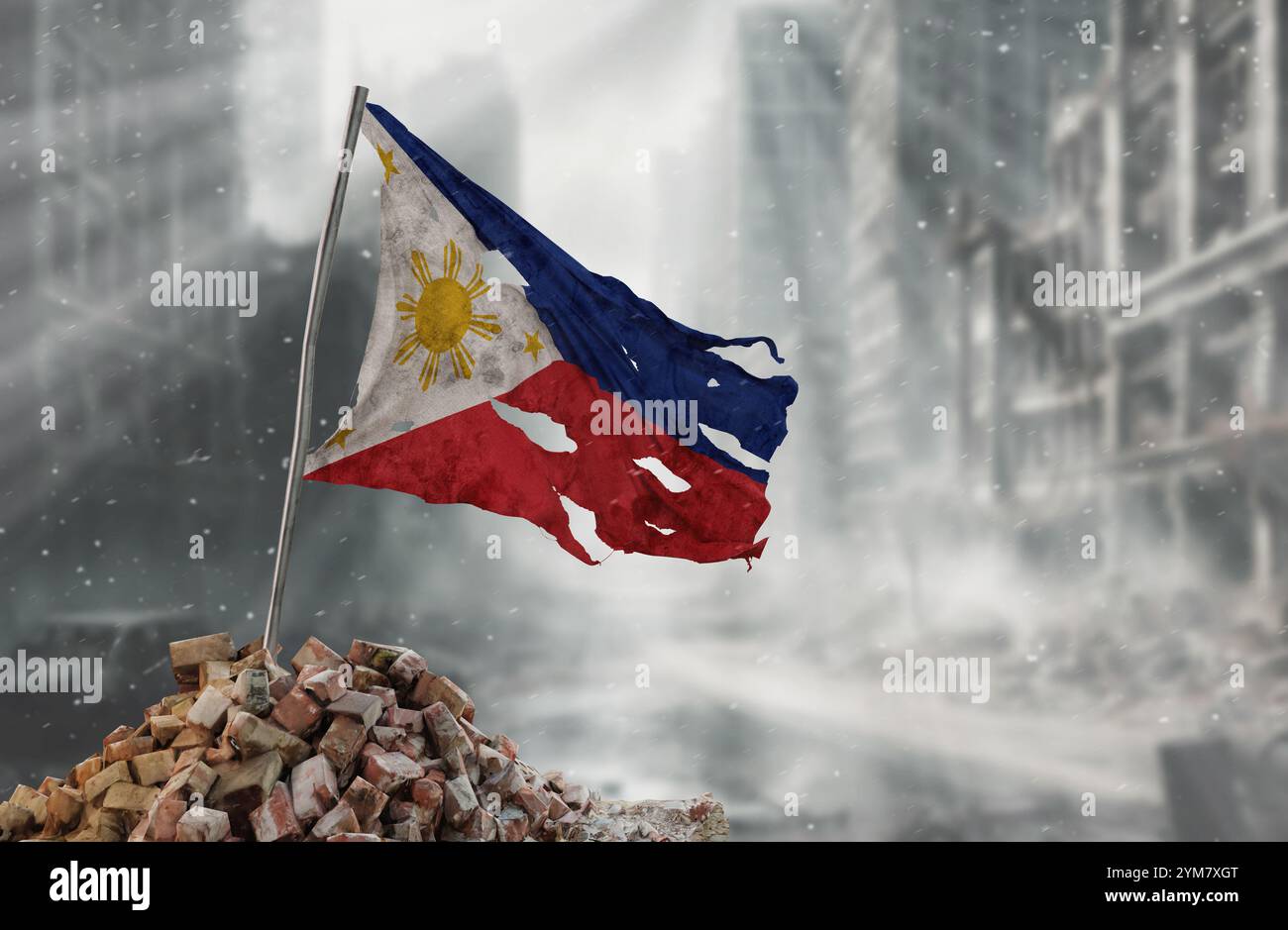 Dirty and torn Philippines flag, symbol of resistance and victory. A ...
