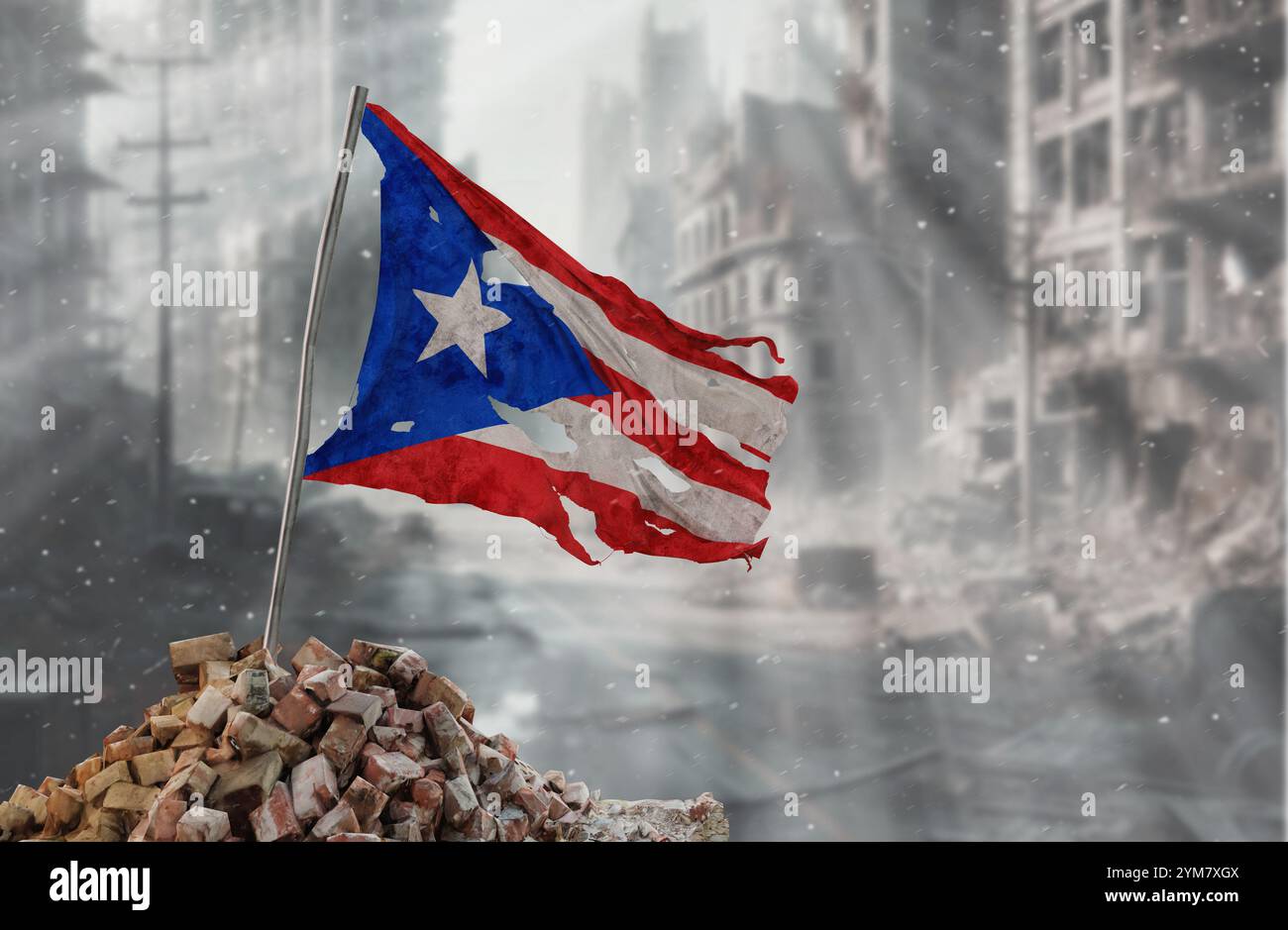 Dirty and torn Puerto Rico flag, symbol of resistance and victory. A ...