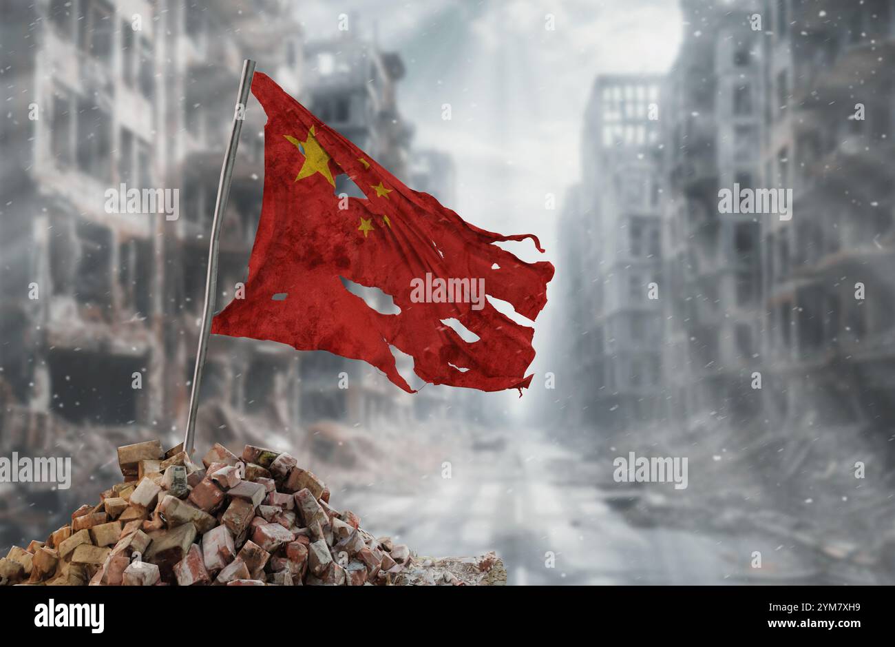 Dirty and torn Peoples Republic of China flag, symbol of resistance and ...