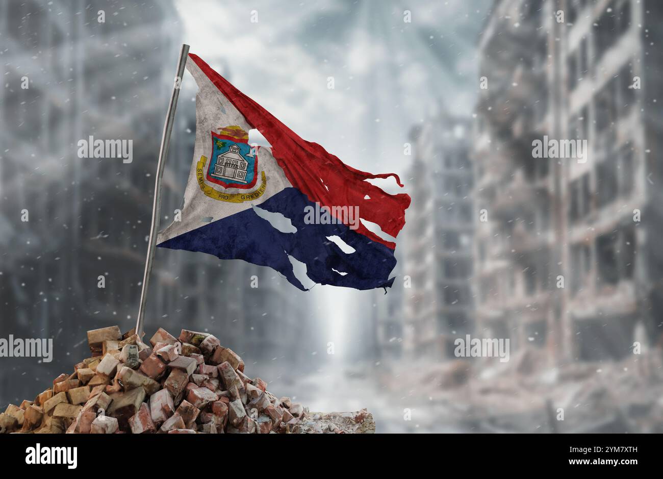 Dirty and torn Sint Maarten flag, symbol of resistance and victory. A ...