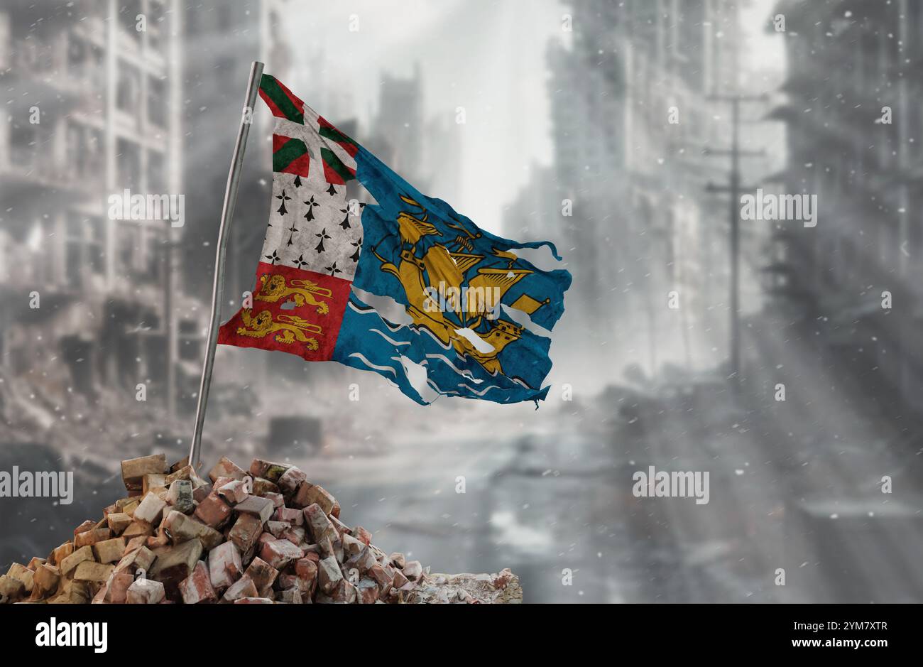 Dirty and torn Saint Pierre and Miquelon flag, symbol of resistance and ...