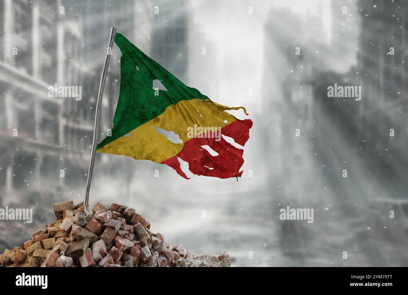 Dirty and torn Republic of the Congo flag, symbol of resistance and ...