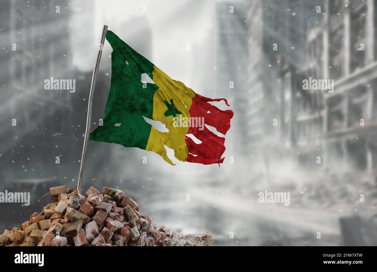 Dirty and torn Senegal flag, symbol of resistance and victory. A scene ...