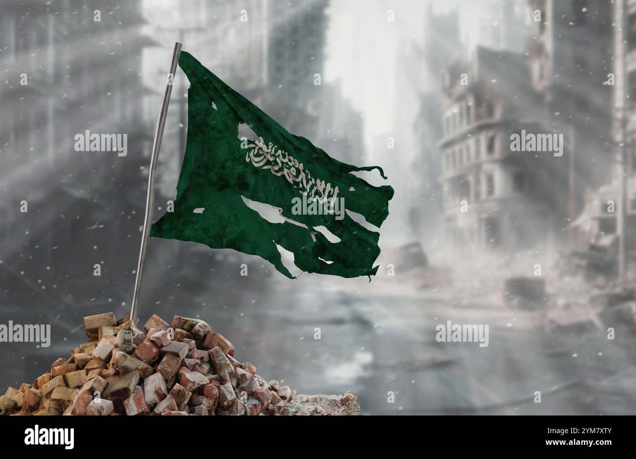 Dirty and torn Saudi Arabia flag, symbol of resistance and victory. A ...