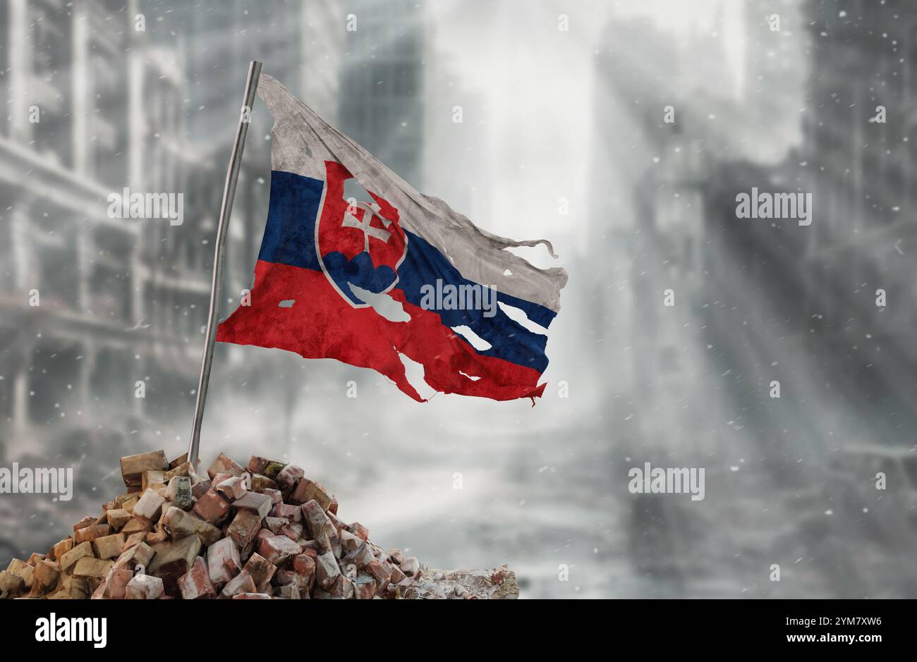 Dirty and torn Slovakia flag, symbol of resistance and victory. A scene ...