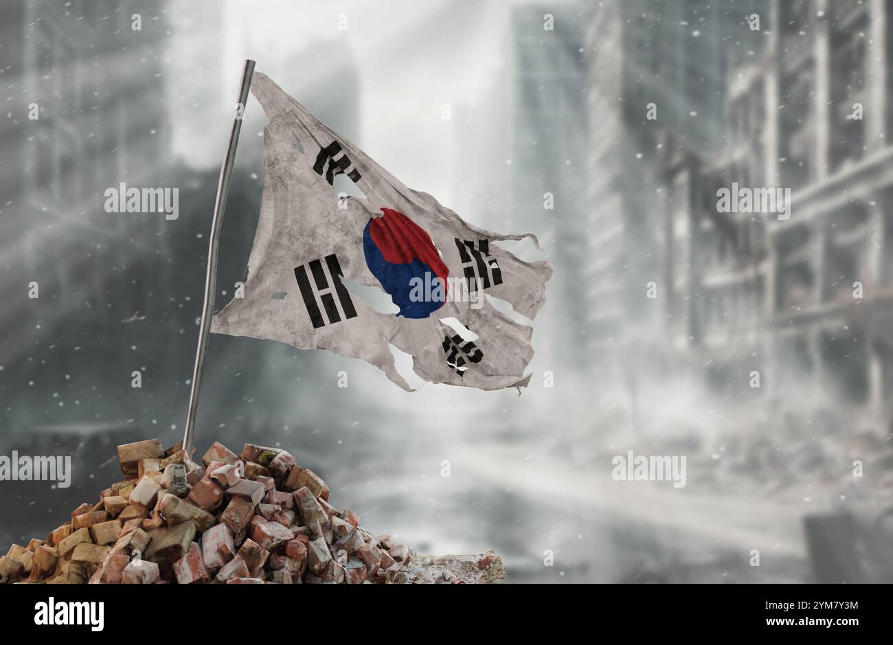 Dirty and torn South Korea flag, symbol of resistance and victory. A ...
