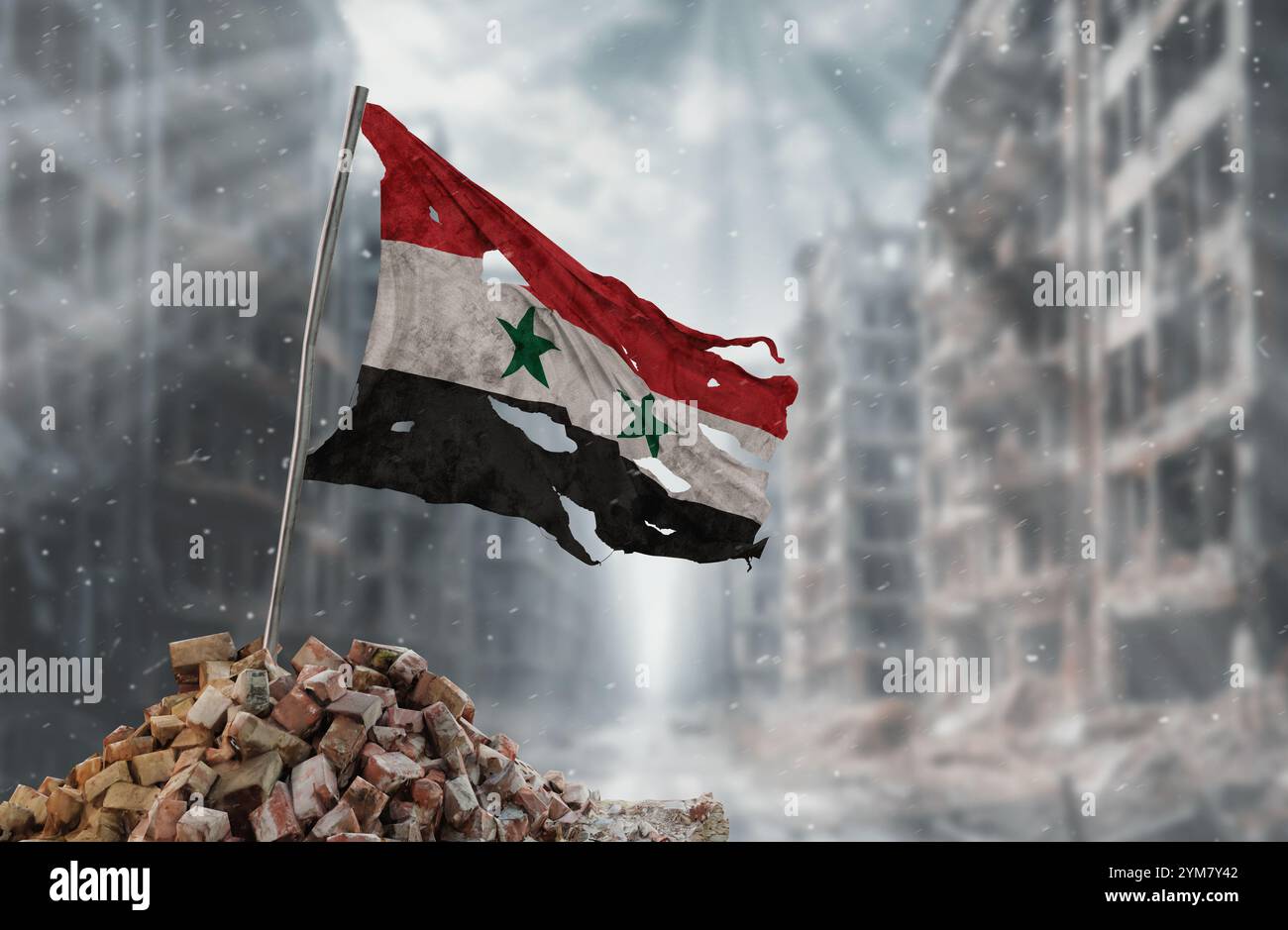 Dirty and torn Syria flag, symbol of resistance and victory. A scene of ...