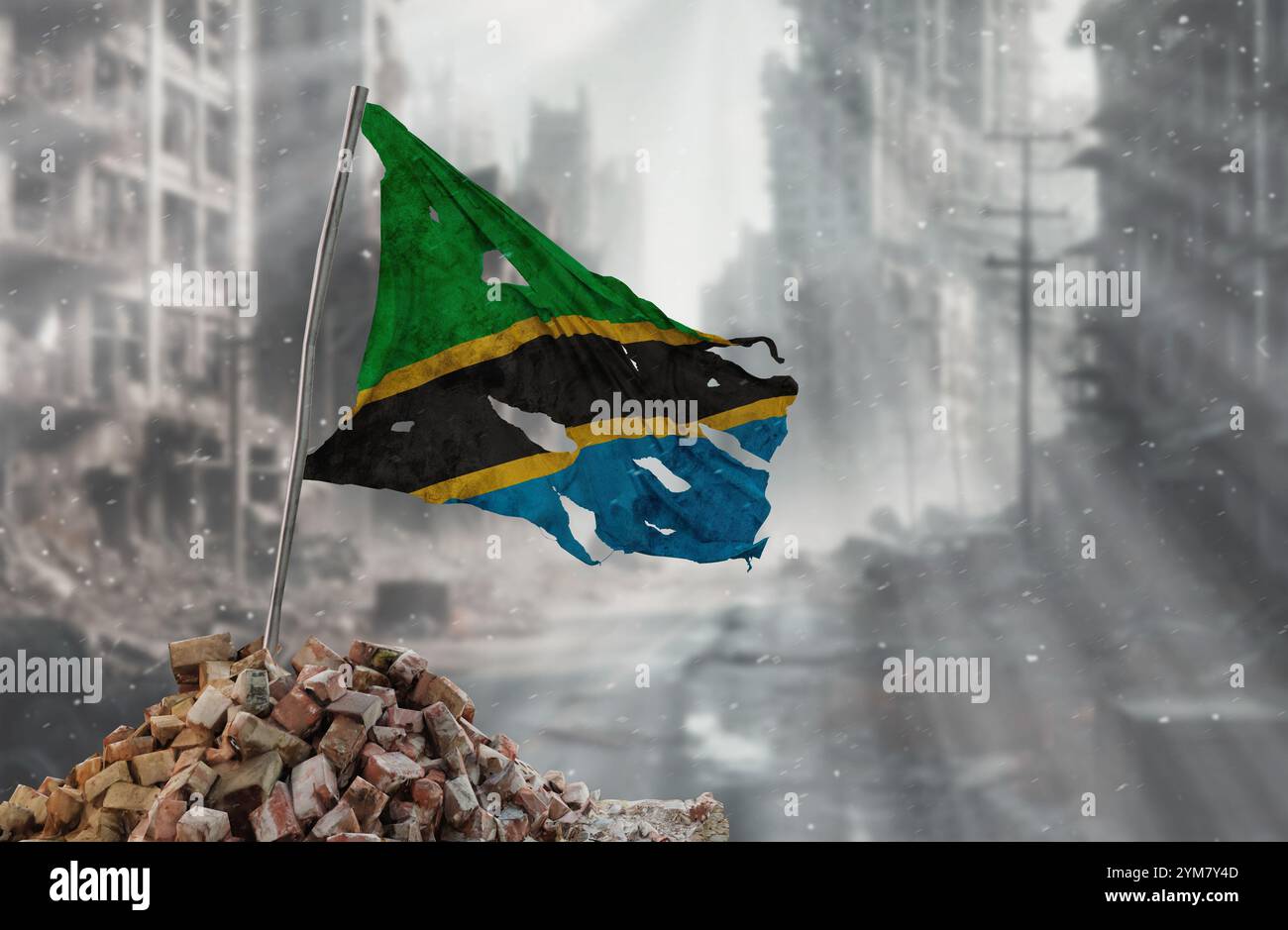 Dirty and torn Tanzanian flag, symbol of resistance and victory. A ...