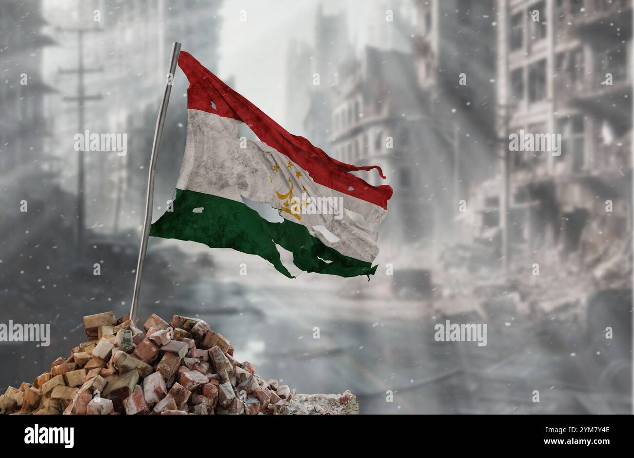 Dirty and torn Tajikistan flag, symbol of resistance and victory. A ...