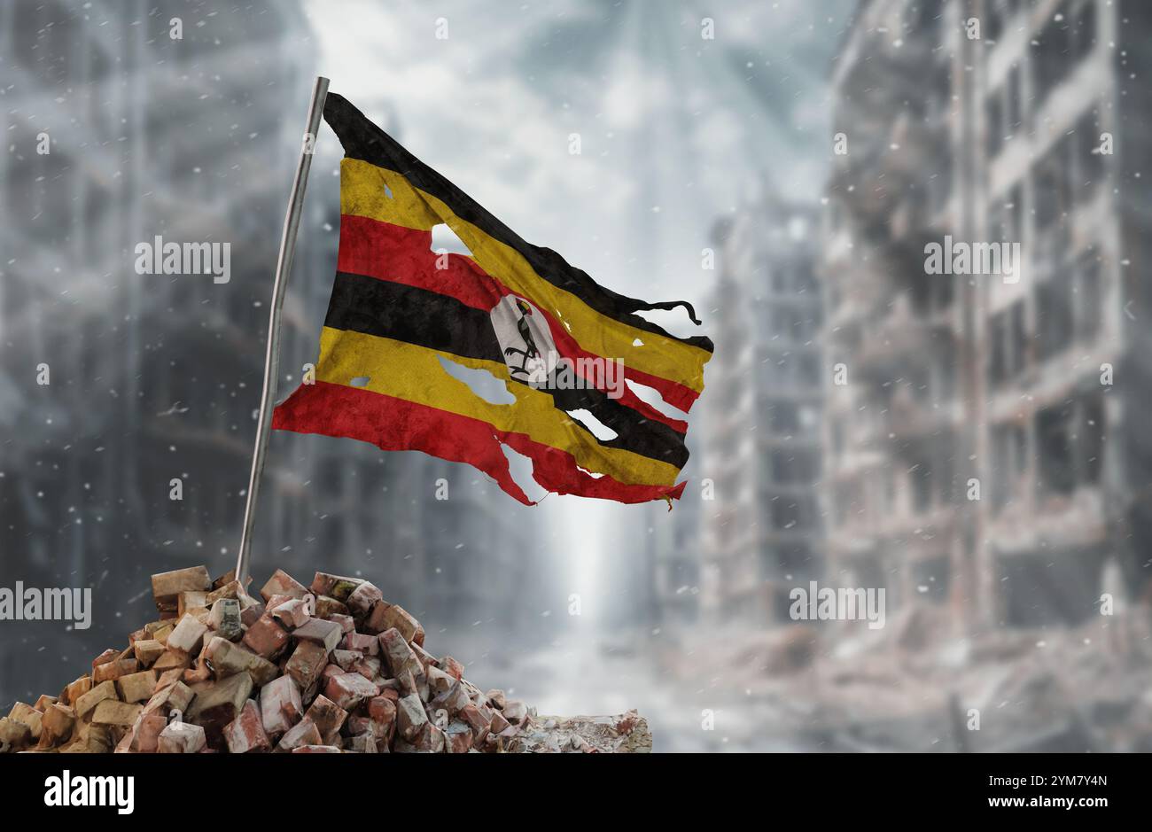Dirty and torn Uganda flag, symbol of resistance and victory. A scene ...