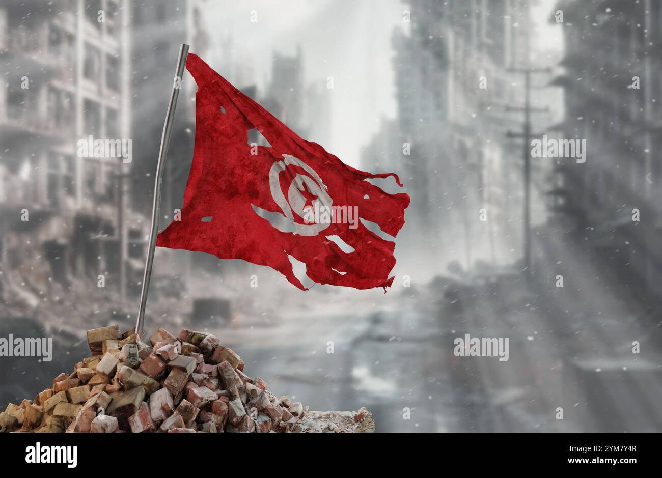 Dirty and torn Tunisia flag, symbol of resistance and victory. A scene ...