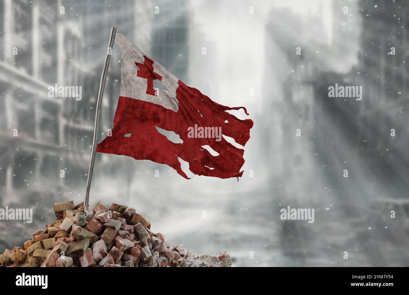 Dirty and torn Tonga flag, symbol of resistance and victory. A scene of ...