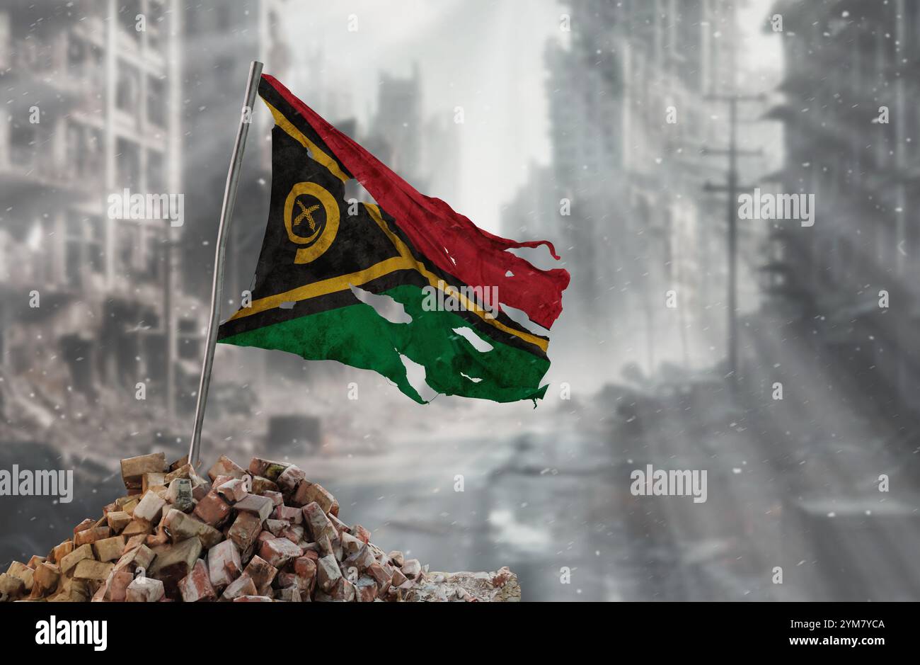 Dirty and torn Vanuatu flag, symbol of resistance and victory. A scene ...