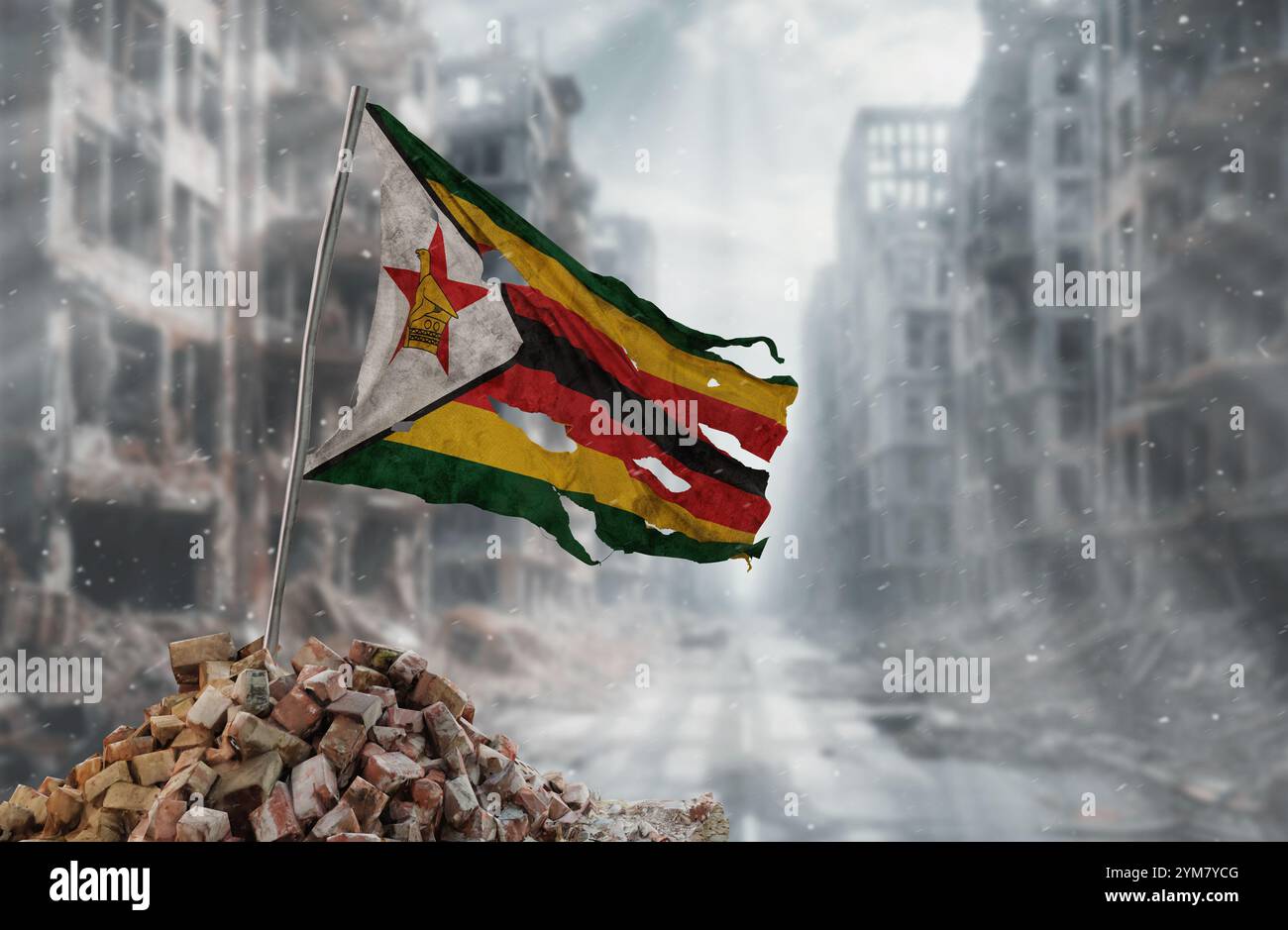 Dirty and torn Zimbabwe flag, symbol of resistance and victory. A scene ...