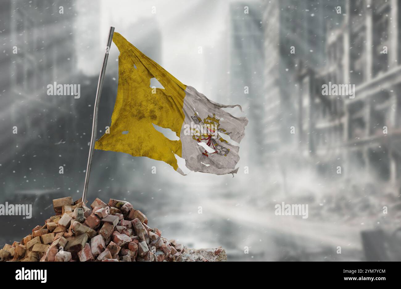 Dirty and torn Vatican flag, symbol of resistance and victory. A scene ...