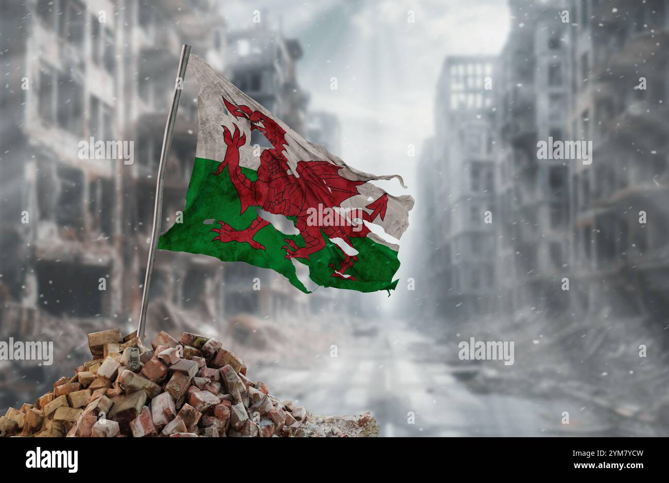 Dirty and torn Wales flag, symbol of resistance and victory. A scene of ...