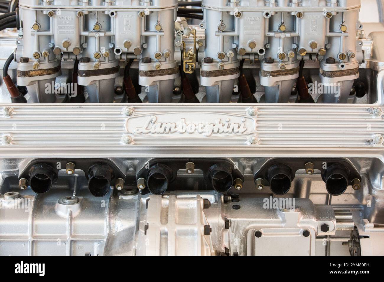 A close-up of the engine with the Lamborghini logo is seen in the ...