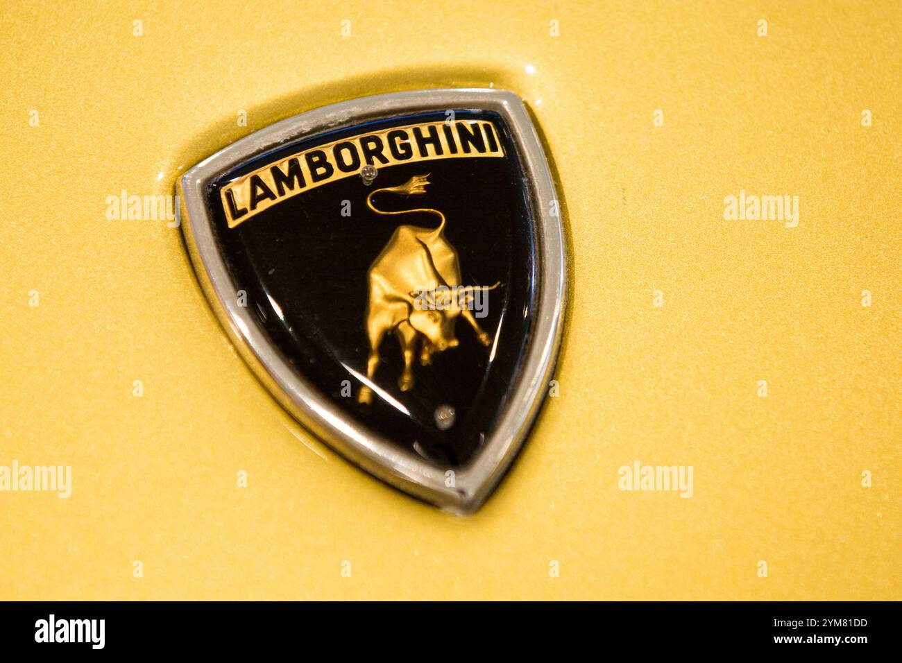 Lamborghini brand emblem with a raging bull on the hood of the ...