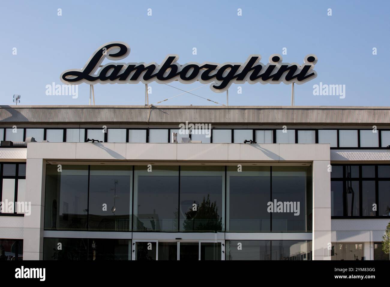 Lamborghini sign is seen above the Lamborghini Museum in Sant'Agata ...