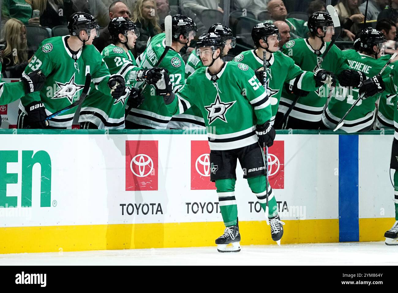 Dallas Stars center Wyatt Johnston (53) celebrates with the bench after ...