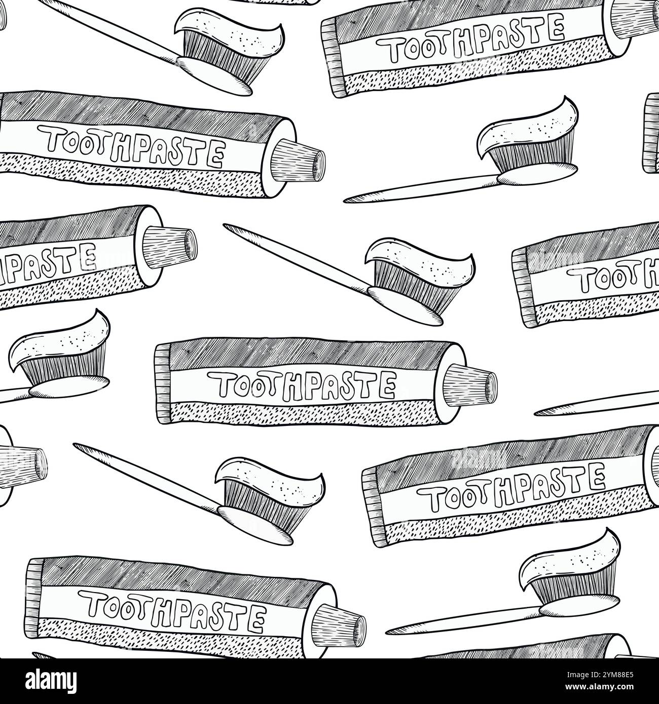 Playful sketchy seamless pattern featuring toothpaste tubes and ...