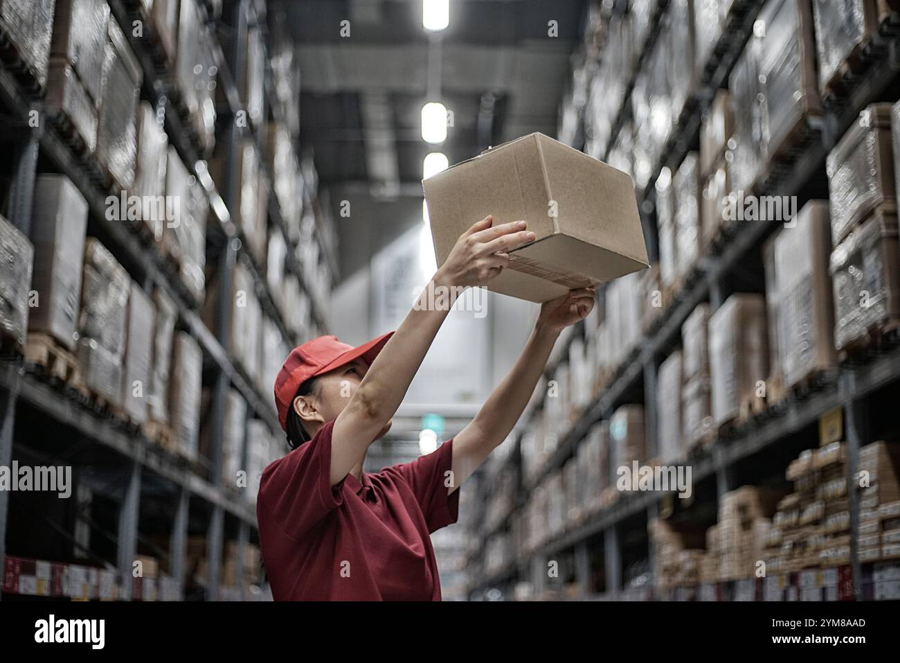 Woman carrying a box of goods at a logistics warehouse Stock Photo - Alamy