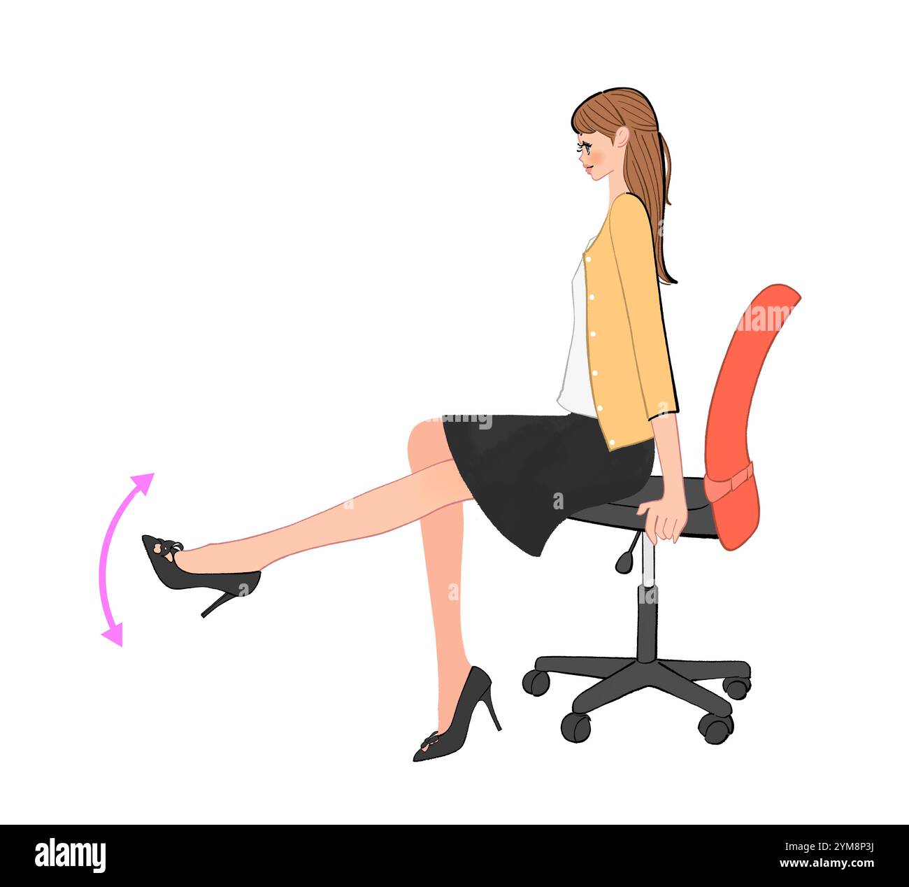 Woman sitting on a chair in her office doing leg raising and lowering ...