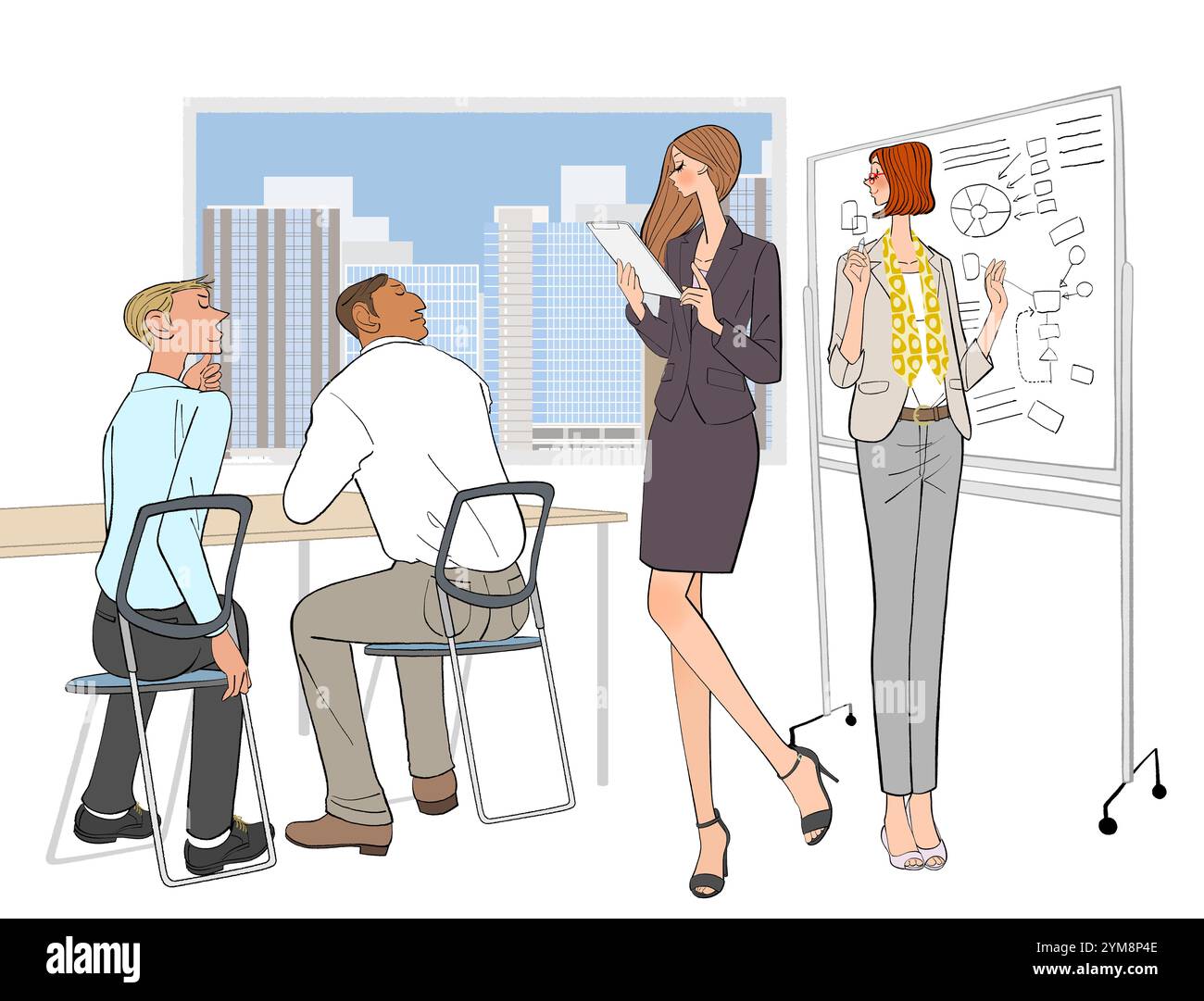 Female employee explaining at a meeting and male employee listening ...