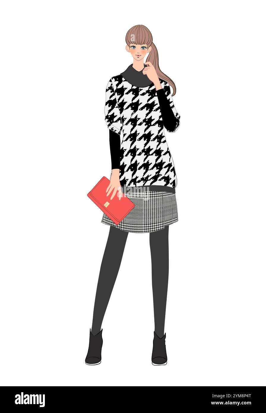 Woman dressed in staggered lattice and standing holding a handbag Stock ...
