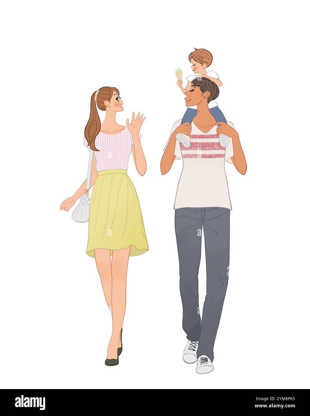 Dad with child on his shoulder and mum waving Stock Photo - Alamy