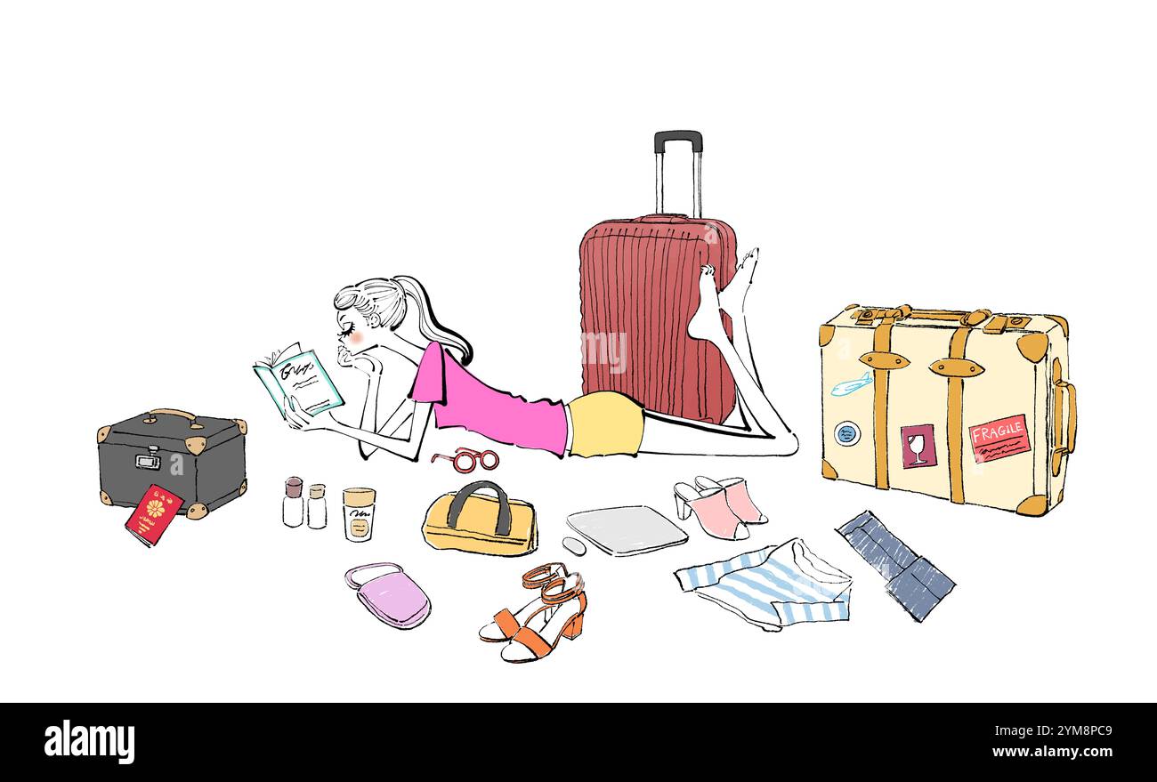 Girl preparing for a trip while reading a book Stock Photo - Alamy