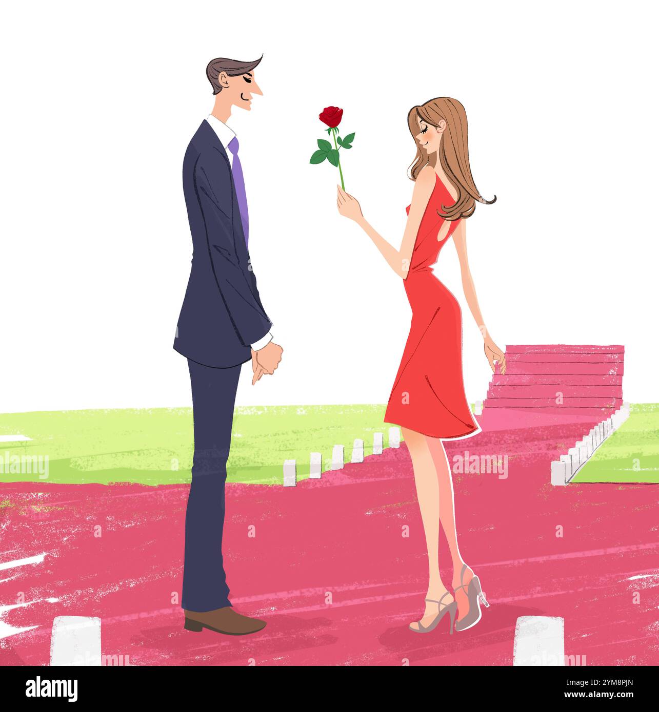 Illustration of a woman giving a single rose to her lover Stock Photo ...