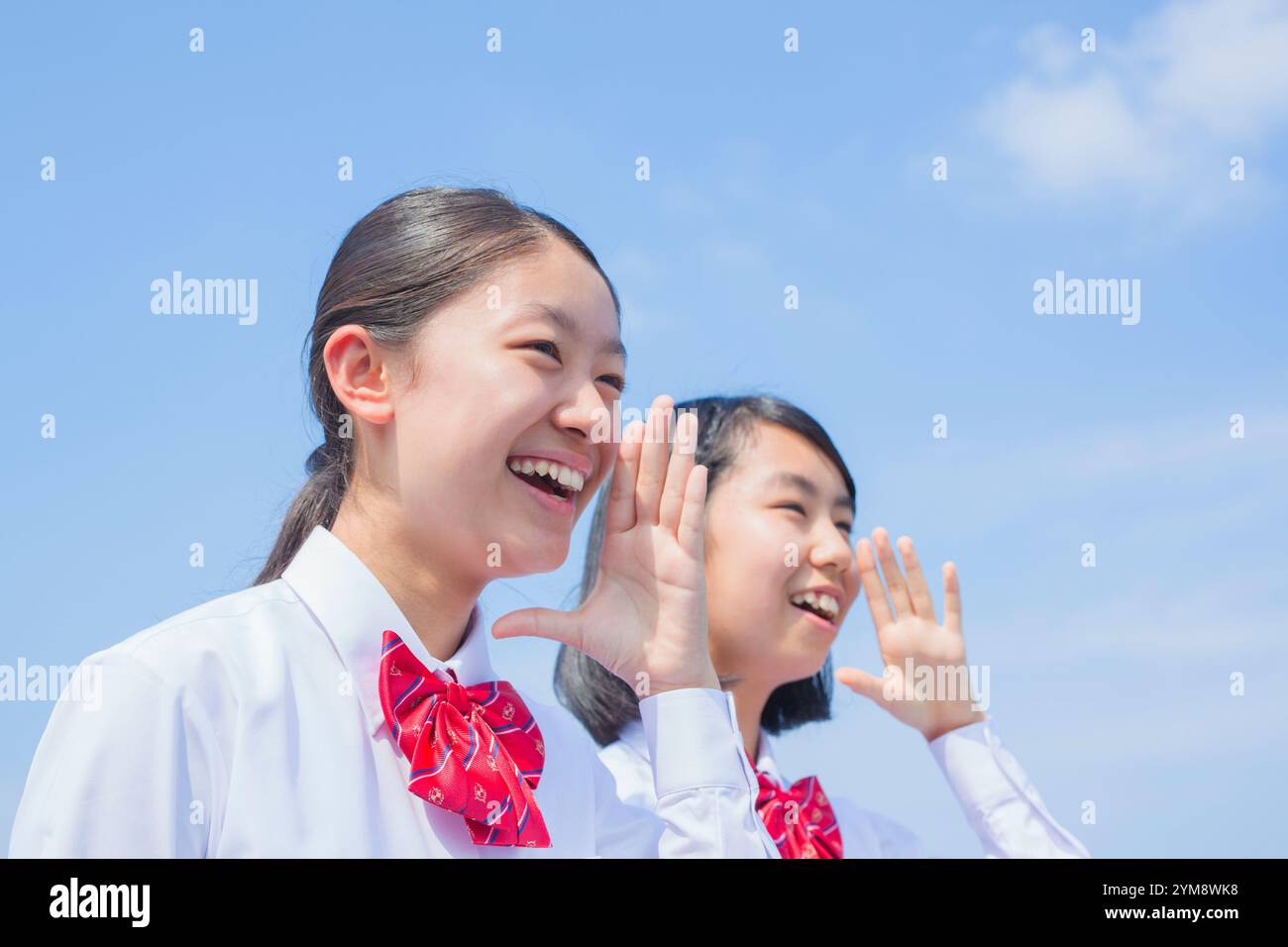 Blue sky and smiling female junior high school student Stock Photo - Alamy