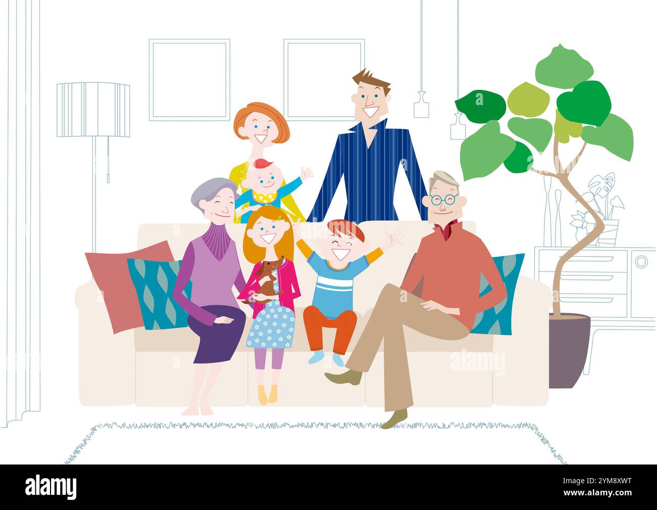 Family of three relaxing in the living room Stock Photo - Alamy