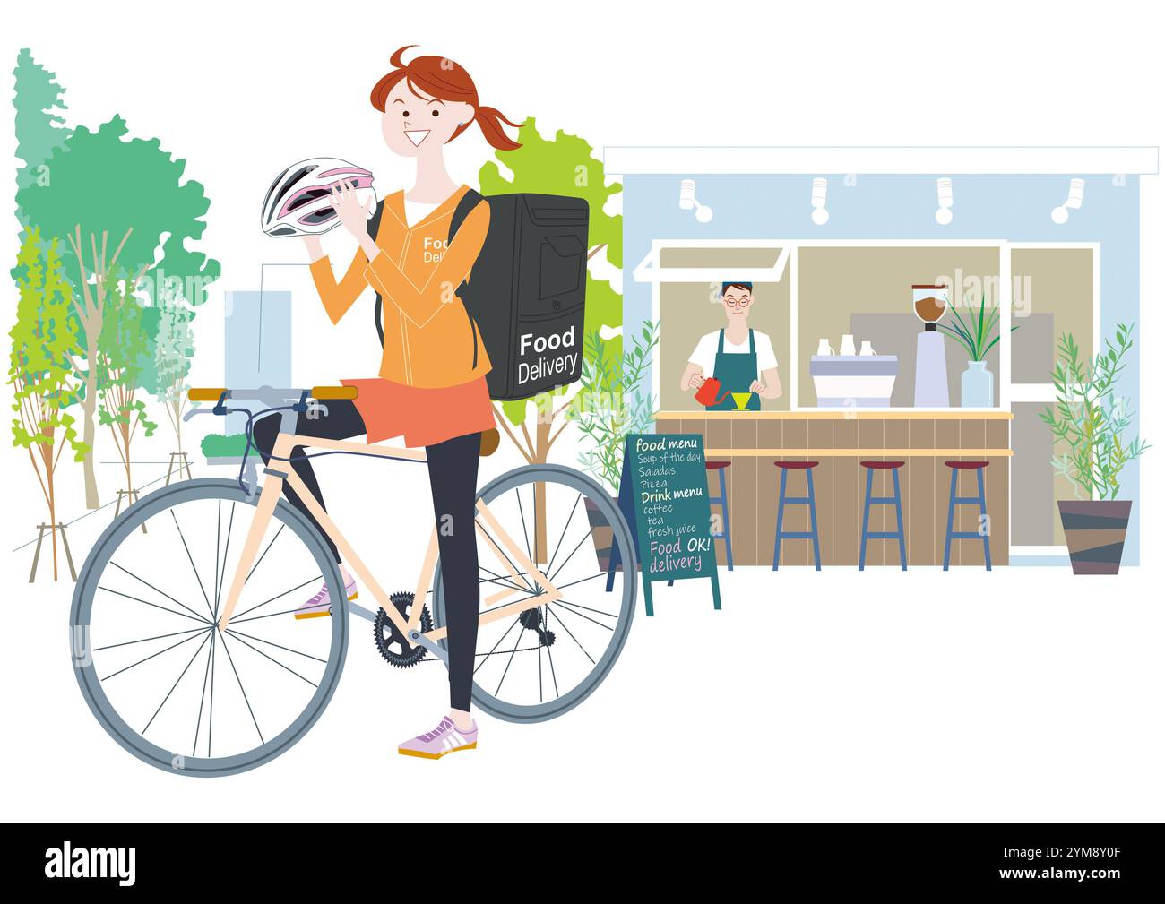 Female delivery woman using a bicycle to deliver food Stock Photo - Alamy