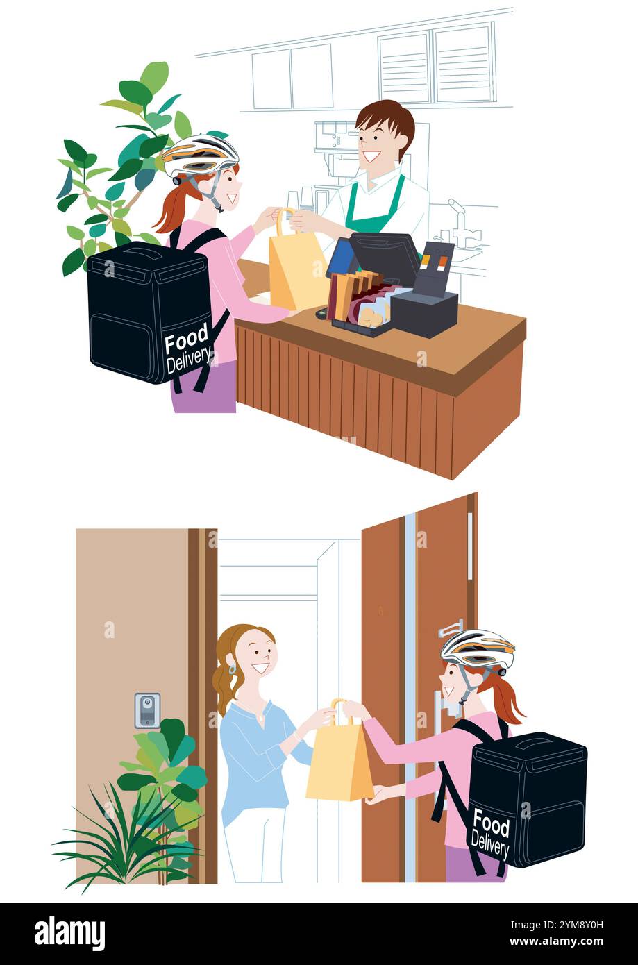 Female delivery person receiving goods at restaurant and making food ...
