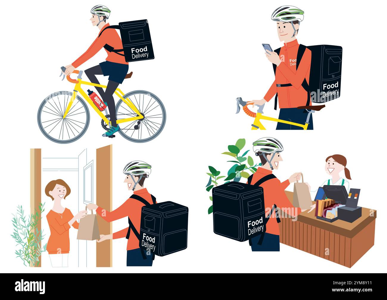 Male food delivery man on bicycle, confirming, receiving and delivering ...